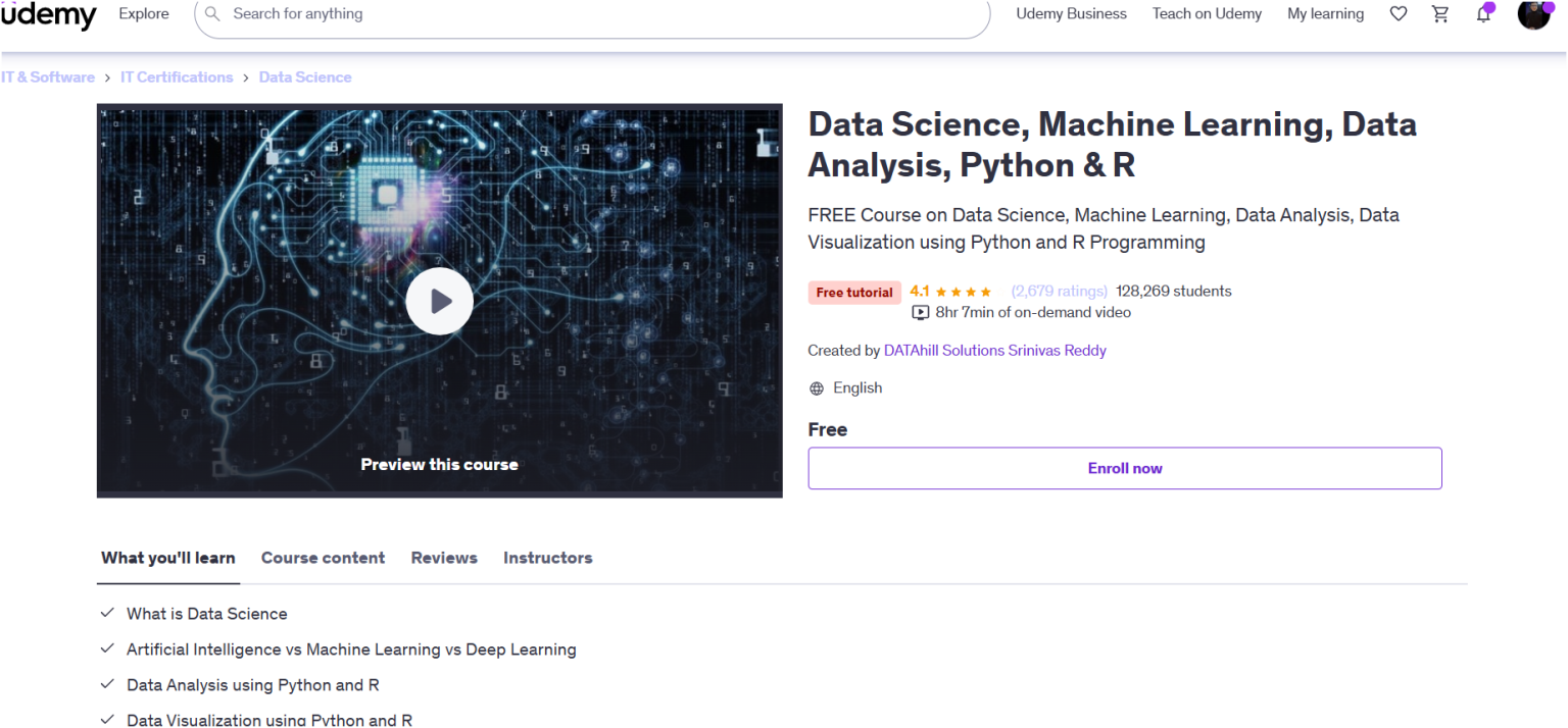 التسجيل في دورة علم البيانات بإستخدام لغة بايثون & R من Udemy ( مجانية ) - تعليم اللغة الإنجليزية